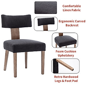 HNY, Hi&Yeah Mid Century Modern Dining Chairs, Linen Fabric Upholstered and Curved Backrest Kitchen Chairs Set of 2, with Hardwood Frame, Charcoal