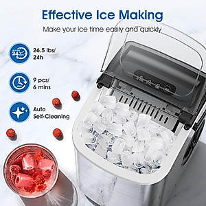 Joy Pebble Ice Maker Countertop with Handle, Self-Cleaning Portable Ice Machine with Basket and Scoop, 26Lbs/24H, 9 Cubes Ready in 6-8 Mins, for Home/Office/Kitchen, Stainless Steel