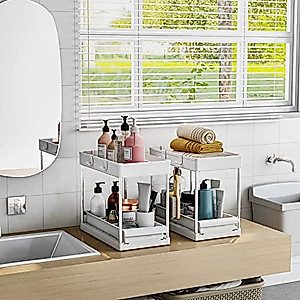 ECO-WILL 2 Pack Under Sink Organizers and Storage, Sliding Basket Organizer 2 Tier Bathroom Organizers with Hooks, Hollow-Carved, Divider, Multi-Purpose Cabinet Organizer for Kitchen, Bathroom, White
