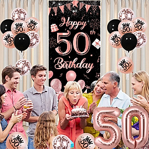 50th Birthday Decorations for Women Black and Rose Gold, Happy 50th Birthday Door Banner, Triangle Flag Garland, Number 50 Balloon, Fifty Year Old Birthday Party Supplies