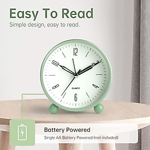 Analog Alarm Clock, 4 inch Super Silent Non Ticking Small Clock with Night Light, Battery Operated, Simply Design, for Bedroon, Bedside, Desk, (Green)