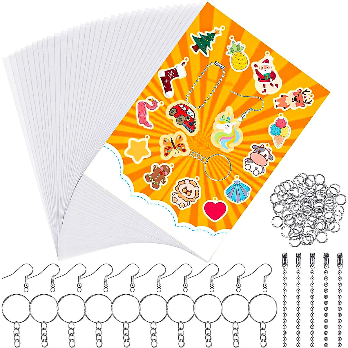 Christmas Shrink Plastic Sheet Kit, for Kids Creative Craft and DIY Ornaments ( 32 Pcs Shrinky Paper with 125 Pcs Keychains Accessories Included