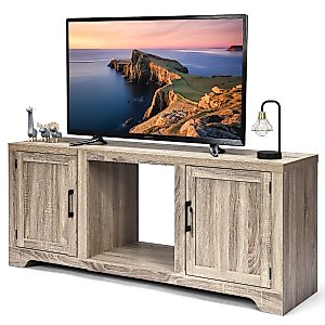 GRAFFY 65" Fireplace TV Stand, Wooden Television Console w/2 Storage Cabinets & Open Shelves, Modern Farmhouse Storage Cabinet Console with Doors, for 18"x 17" Electric Fireplace(not Included)