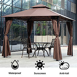 10' X 10' Gazebo Canopy Tent Outdoor Gazebo for Patios with Sidewall and Fabric,Large Party Tent,Metal Frame Water Resistant Wedding Tent,UV Block Sun Shade for Garden Backyard Lawns Deck,Brown