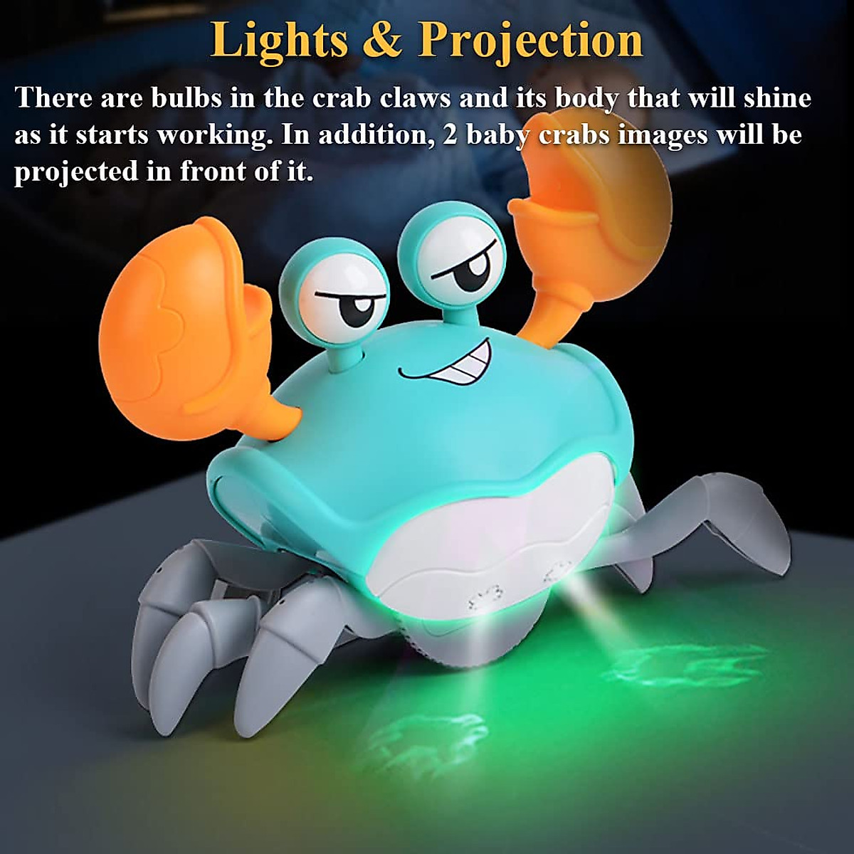 NEXTAKE Sound Control Crawling Crab Toy, Voice-Activated Crab Toy Interactive Dancing Crab Child Development Crawling Toy with Music, Lights and Projection Function-Eyes Can Move (Blue)