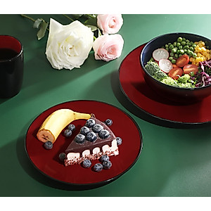 Bestone 16 Piece Round Kitchen Dinnerware Set,Plates and Bowls sets,Dishes, Dinner Plates, Cereal Bowls Set，Bowls, Mugs, Dish Set，Plates and Bowls,Service for 4, Stoneware Dinnerware,Red and Black