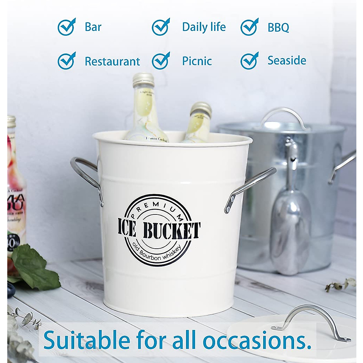 Home by Jackie Inc T586A 4L Cream White Metal Galvanized Double Walled Ice Bucket Set with Lid and Scoop