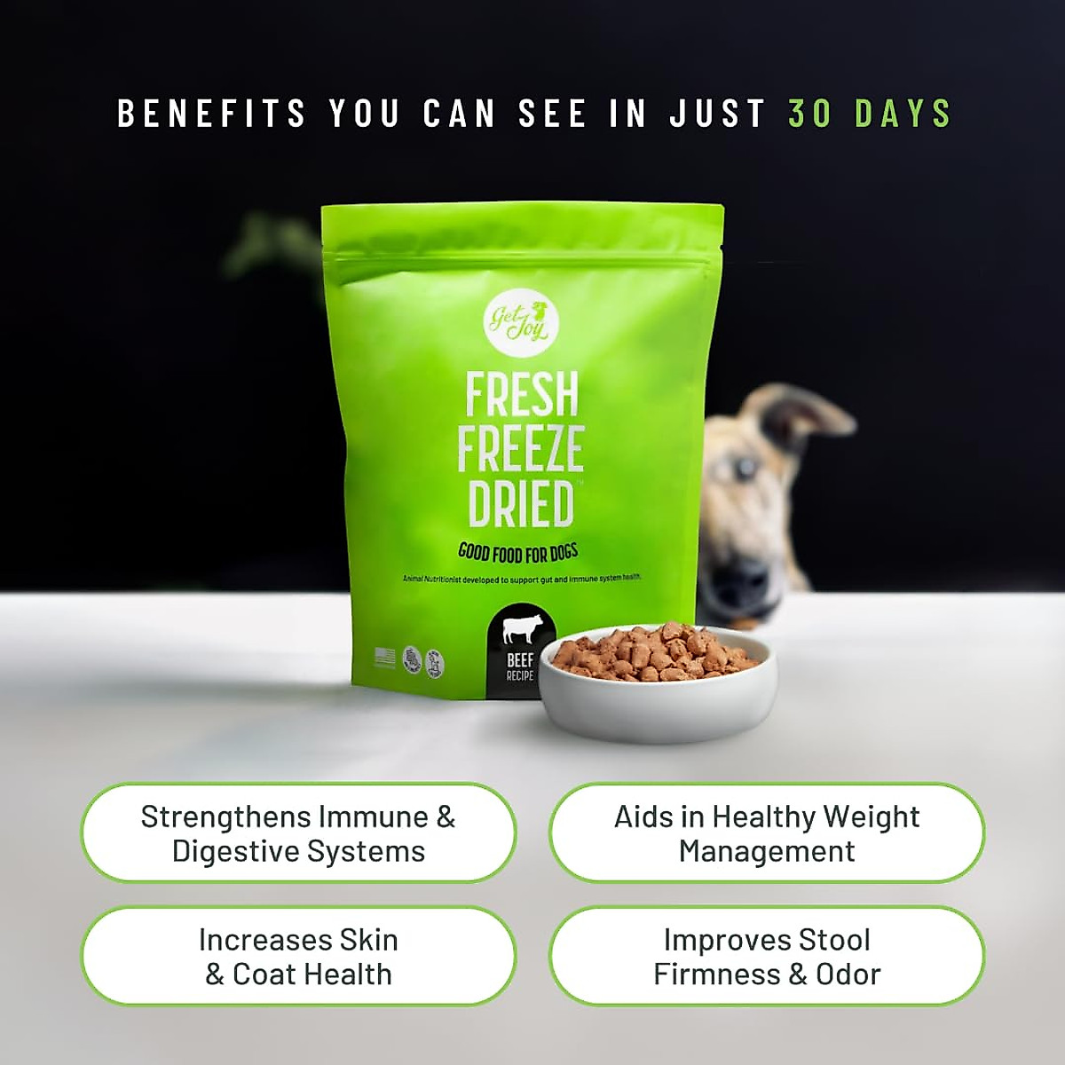 Get Joy Gut Health Fresh Freeze Dried Raw Meal, Beef Recipe, 16 Ounce Bag, Dog Food for Dogs of All Breeds and Life Stages, PhD Animal Nutritionist Formulated, USDA Beef, Made in USA