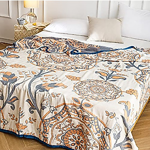 MEJU Mandala Boho Flower Muslin All Season Blanket for Bed Sofa Couch, 100% Combed Cotton 4 Layer Soft Warm Quick Dry Throw Blanket Bed Coverlet Sheet (Mandala, Twin (59 in x 78 in))