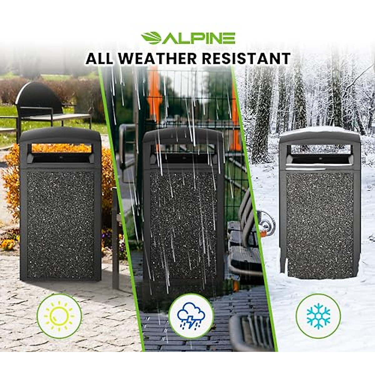 Alpine Indoor & Outdoor Commercial Trash Can with Lid - 40 Gallon Heavy Duty Metal Garbage Can with Removable Bin, Locking Lid for a Modern Look in Patio, Pool, Deck, Office Black, Grey Stone Panels