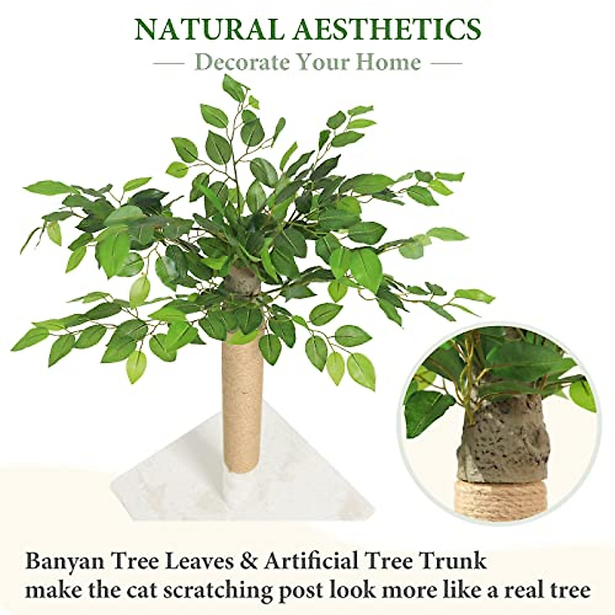 MSmask Cat Scratching Post, Natural Jute Sisal Scratch Pole, Cat Scratch Post with Artificial Banyan Leaves for Indoor Cats, Cat Scratcher & Home Decorating