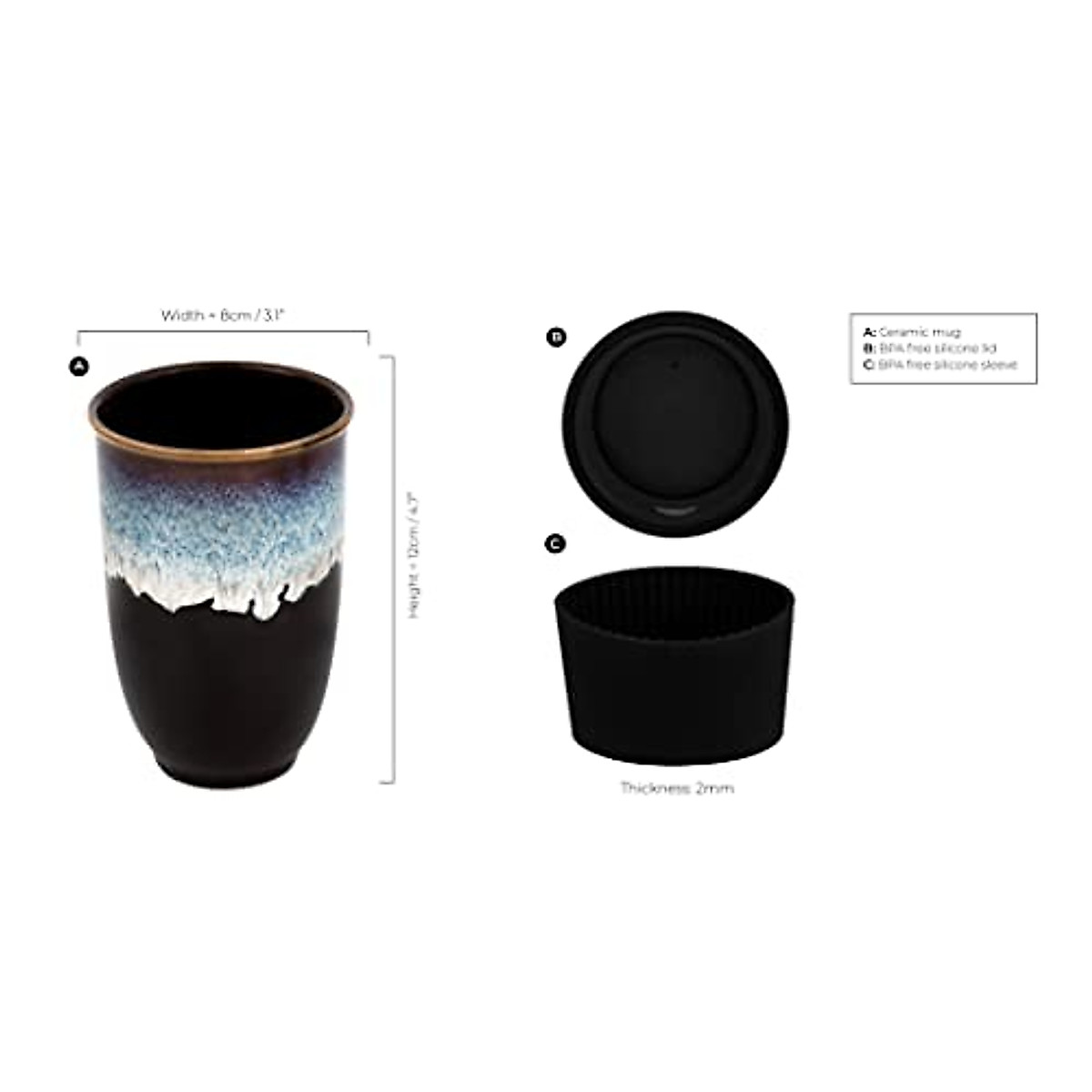 NOVA CERAMICS Reusable Coffee Cup, Ceramic Travel Mug with Lid, Portable Coffee Cup, Unique to Go Mug, Microwave, Dishwasher Safe, 12oz, Black with Running Blue Glaze, Monsoon
