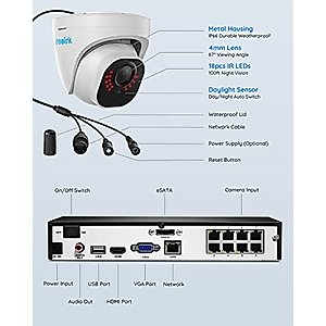 REOLINK 4K Security Camera System, 4pcs H.265 PoE Wired Turret 4K Cameras with Person Vehicle Detection, 4K/8MP 8CH NVR with 2TB HDD for 24-7 Recording, RLK8-800D4