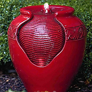 Teamson Home Floor Glazed Pot Water Fountain with Built-in LED Light and Pump for Outdoor Indoor Patio Garden Backyard Decking Home Décor, 17 inch Height, Red