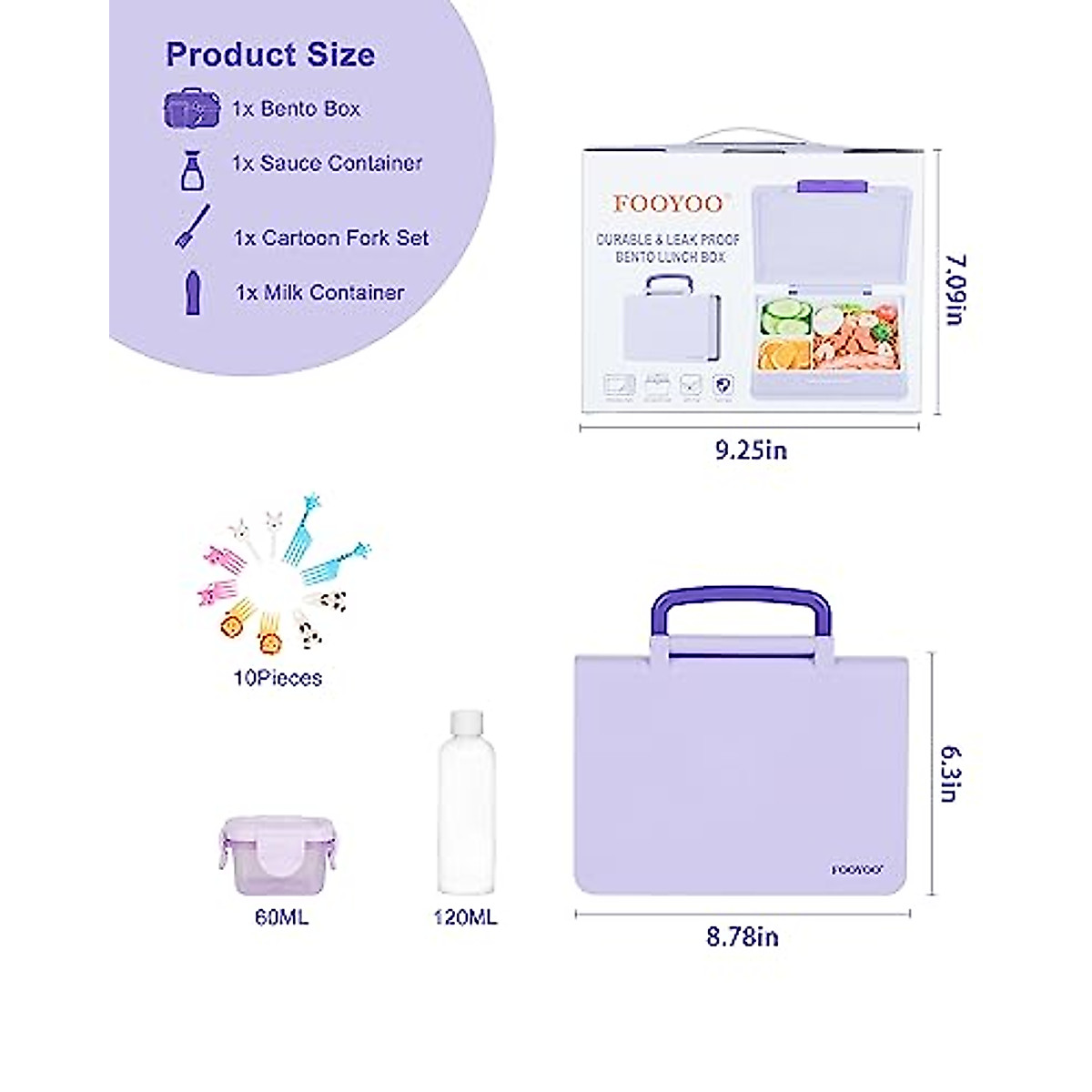 FOOYOO Bento Box Adult Lunch Box, Bento Box for Kids, 3 Compartment 1050ML Leak-Proof Bento Lunch Box for Kids, BPA-Free, Freezer, Dishwasher and Microwavable Safe (Purple)