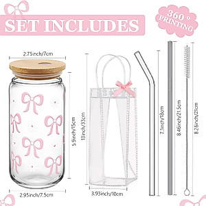 Coquette Bow Aesthetic Cup with Clear Gift Bag, Glass Cups with Lids and Straws, 16 oz Iced Coffee Smoothie, Beer Glass Cup Tumbler Trendy Glass Cup for Girls Bestfriend Sister Girlfriend (Pink Bow)
