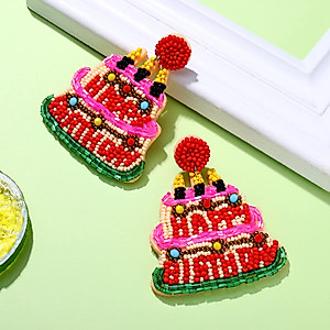 Boderier Beaded Birthday Cake Earrings Statement Colorful Happy Birthday Cake Beaded Earrings Birthday Gift for Women Red