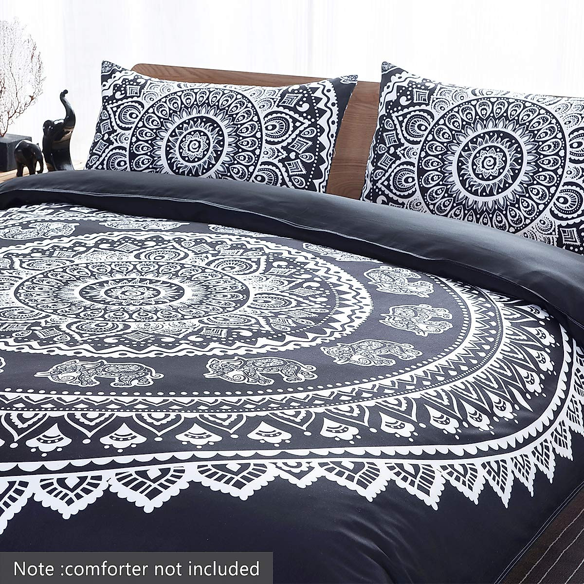 DasyFly 3 Piece Bohemian Duvet Cover Sets Queen Size Mandala Elephant Boho Chic Bedding Duvet Cover Sets for Aducts Boys Girls Black White