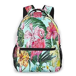 Wozukia Pink Flamingos Casual Backpack Tropical Exotic Flowers Palm Leaves Jungle Leaf Hibiscus Orchid Flower Botanical In Hawaiian Style Daypack for Camping Hiking Travel Bookbag 11.5 X 8 X 16 Inch