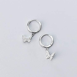 Dainty Butterfly Dangle Hoop Earrings 925 Sterling Silver for Women Girls Cute CZ Crystal Diamond Sparkly Charm Drop Cartilage Small Huggie Hoops 10mm Fashion Jewelry Christmas Gifts Hypoallergenic (Silver)