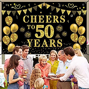 Trgowaul 50th Birthday/Anniversary/Wedding Decorations for Women Men, Cheers to 50 Years Banner, Black and Gold 50th Birthday Backdrop, 50 Bday Decorations Party Banner Photography Supplies Background