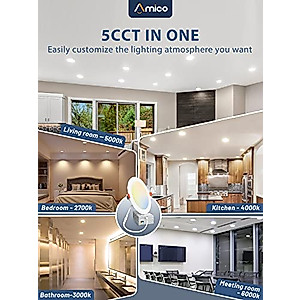 Amico 12 Pack 6 Inch 5CCT Ultra-Thin LED Recessed Ceiling Light with Junction Box, 2700K/3000K/4000K/5000K/6000K Selectable, Dimmable Canless Light, 1200LM High Brightness Downlight, 15W Eqv 130W, ETL