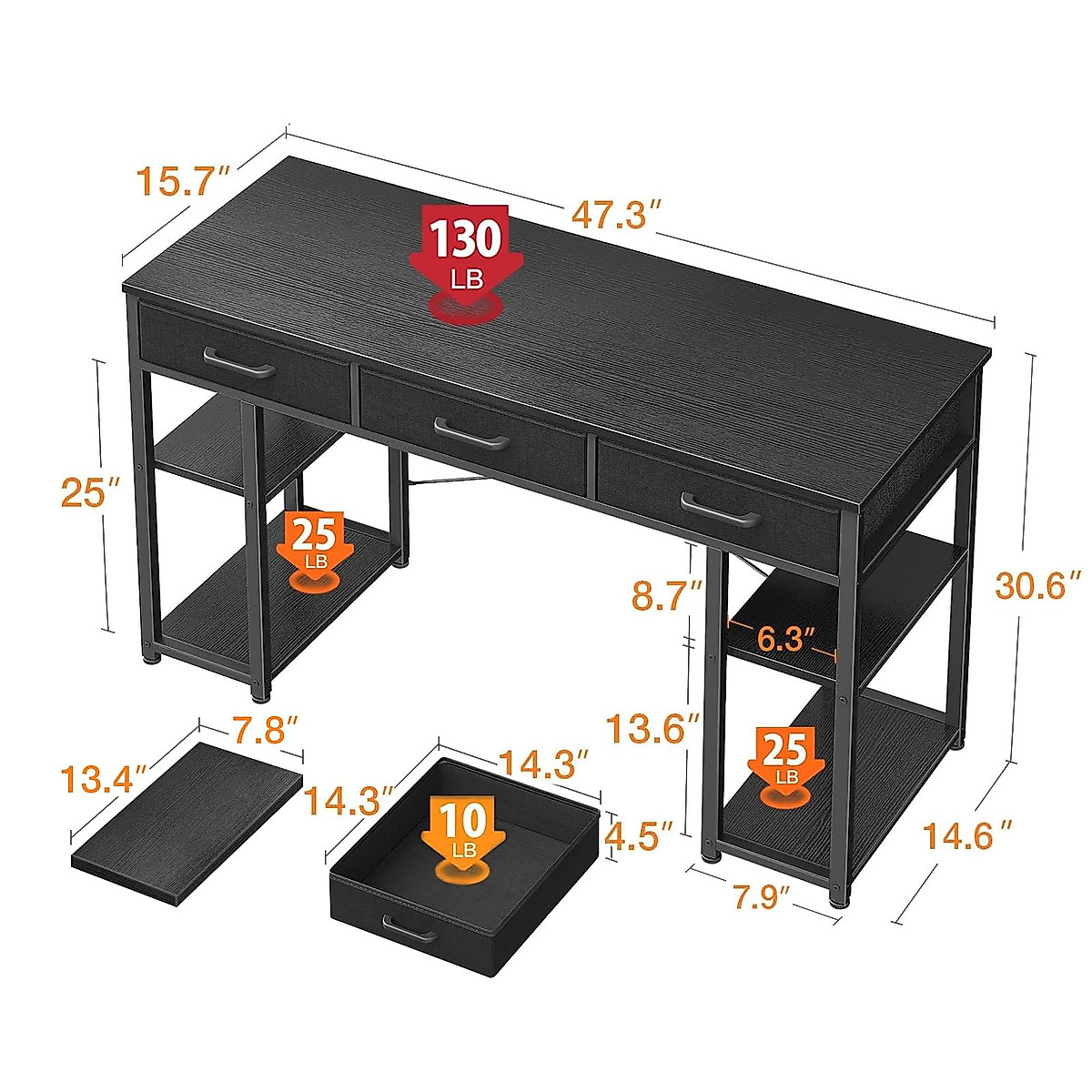 ODK Office Small Computer Desk: Home Table with Fabric Drawers & Storage Shelves, Modern Writing Desk, Black, 48"x16"