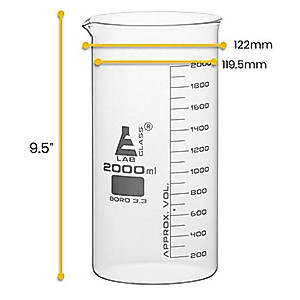EISCO Beaker, 2000ml - Tall Form with Spout - White, 100ml Graduations - Borosilicate 3.3 Glass
