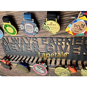 Lapetale Fashion Always Earned Never Given Medal Holder Hanger Display Rack Award Ribbon Organizer for Race,Running,Soccer,Gymnastic,Wrest