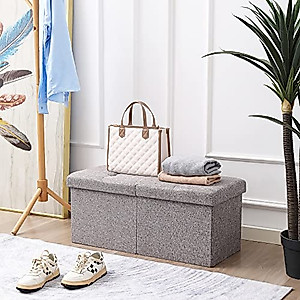 CUYOCA Storage Ottoman Bench Foldable Seat Footrest Shoe Bench End of Bed Storage with Flipping Lid, 75L Storage Space, 30 inches Linen Fabric Grey