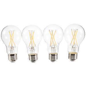 Satco S12463 8 Watt A19 LED Bulb, Clear, 3000K, Medium Base, 120 Volt, 4-Pack