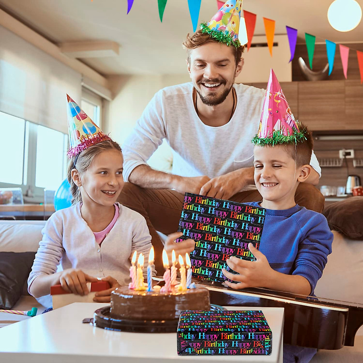 Happy Birthday Wrapping Paper for Girls Boys Kids Women Men, Gradient Color Birthday Wrapping Paper with Cut Lines on Reverse, 7 Sheets Happy Birthday Gift Wrap Folded Flat 20x28 inches