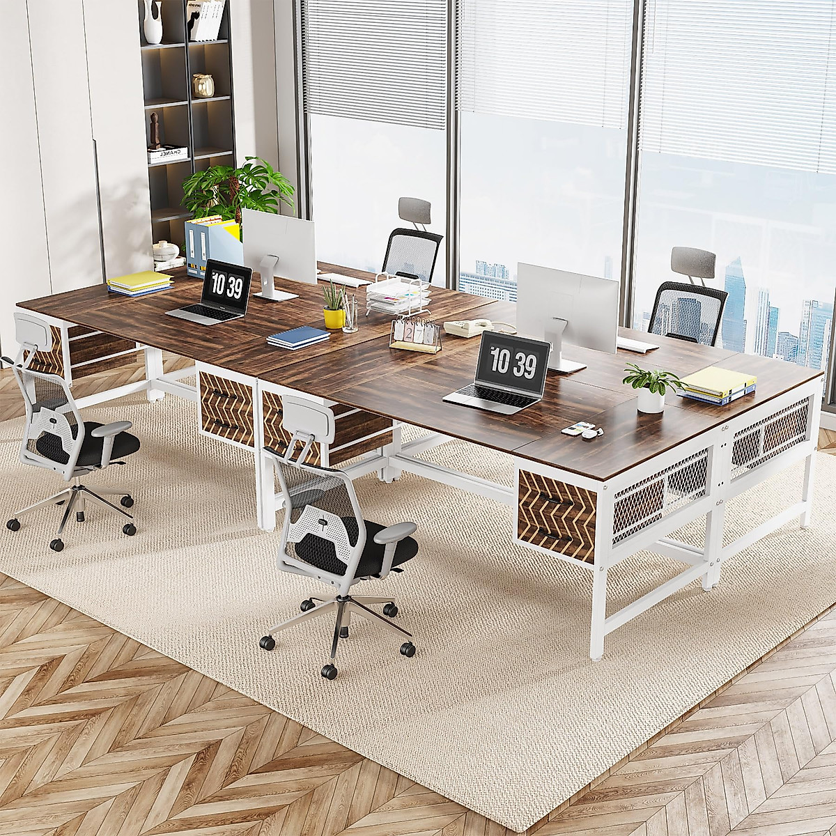 Tribesigns Computer Executive Desk with Drawers: Wood 63" Computer Desk with 4 Storage Drawers, Farmhouse Study Writing Table, Herringbone Business Furniture for Home Office, Brown and White