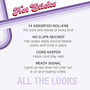 Conair HOT STICKS, Silicone Hot Roller Set with 7 Small and 7 Medium Rollers, No Clips Needed