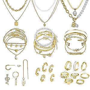 17IF 36 Pcs Gold Jewelry Set with 8 Pcs Rings, 6 Pcs Necklace, 12 Pcs Bracelet and 10 Pcs Earring Ear Cuff for Women Fashion Indie Costume Jewerly Pack for Anniversary Birthday Friendship MerryChristmas Party Gift