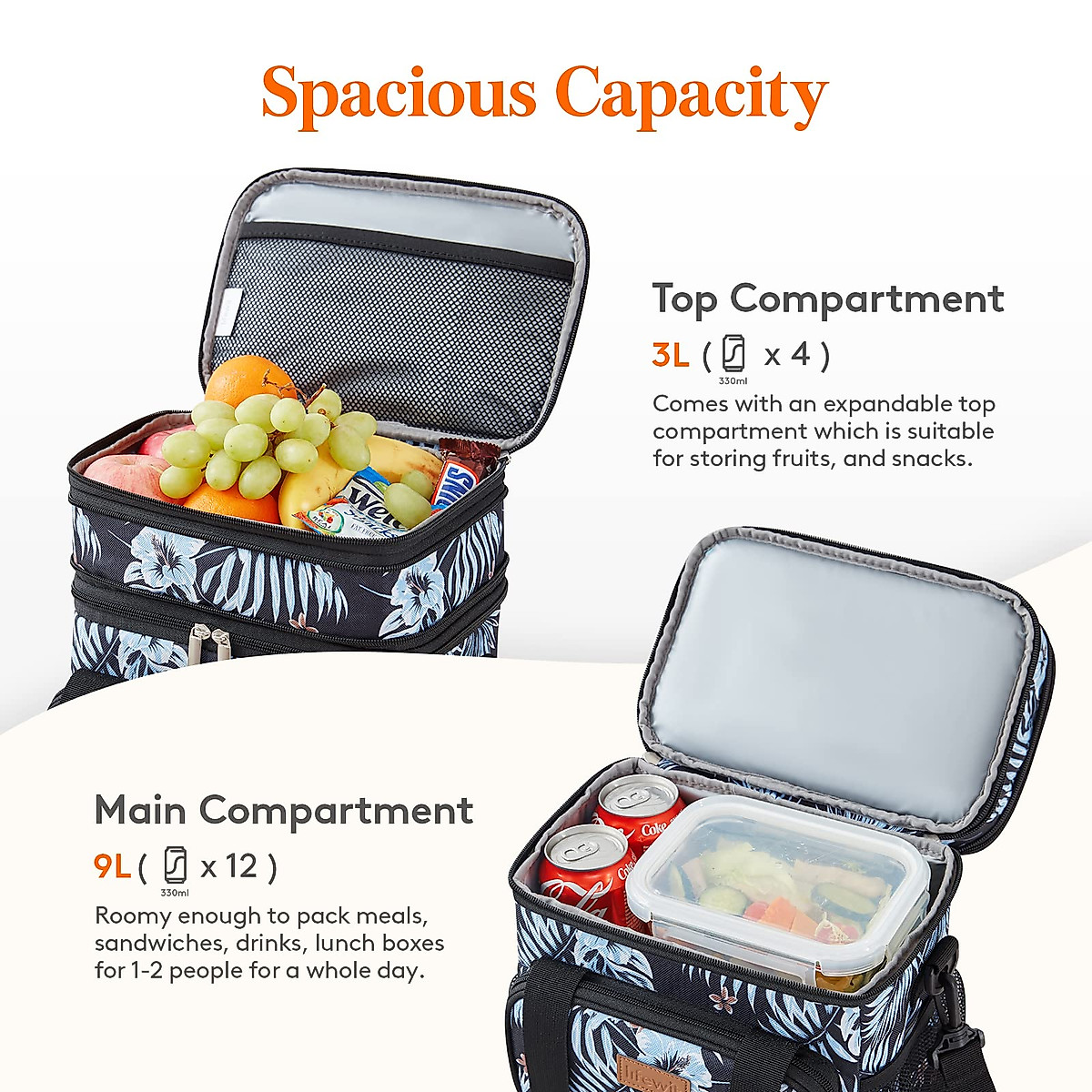 Lifewit Lunch Box for Men Women Double Deck Lunch Bag, Large Insulated Soft Cooler Bag, Leakproof Soft Meal Prep Lunch Tote with Shoulder Strap for Adults for Work/Flight/Travel, 12L/16Can, Flower