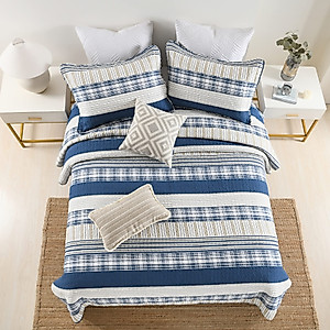 Homzard Queen Comforter Set - Blue White Tan Striped Queen Size Comforter Set,Plaid Striped Bedding Quilt, Farmhouse Bedspread, Lightweight Bedding Quilts 3 Pieces All Season