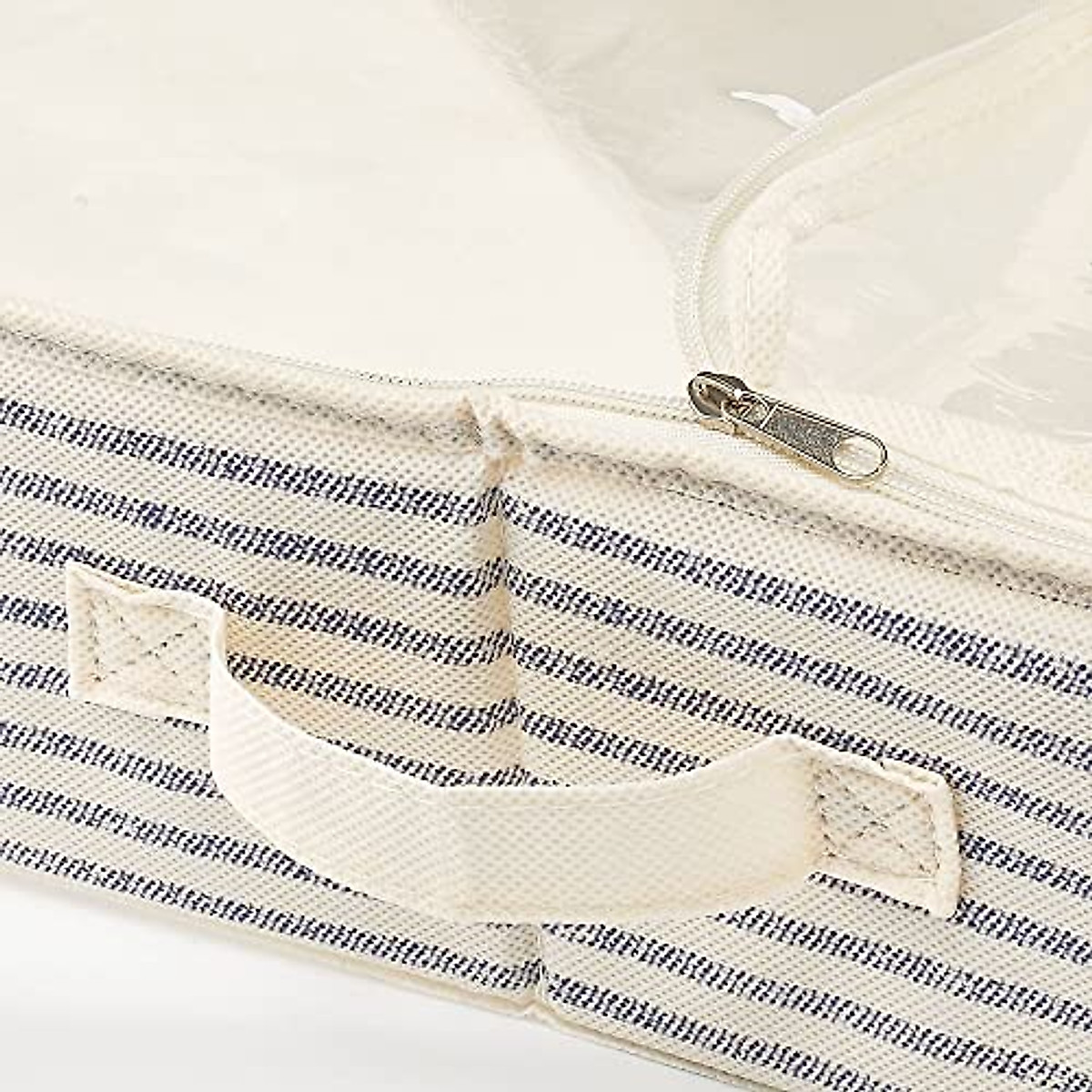 mDesign Soft Fabric Under Bed Storage Organizer Holder Bag for Clothing, Accessories, Linen - Easy-View Top Panel, Attached 2-Way Zippered Lid, Side Handles - 2 Pack - Natural/Cobalt Blue