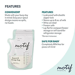 Motif Medical, Milk Storage Bags, 8 oz Milk Freezer Bag with Easy Pour Spout, BPA Free, Write-On Label - 90 Count