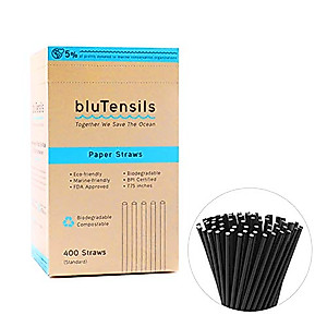 400 Pieces bluTensils Biodegradable Compostable Eco-friendly Bulk Standard Paper Straw Utensil Party Holiday Events Supplies Juice Tea Bar (Black, Standard)