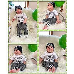 CETEPY Baby Boy Clothes Newborn Romper Infant Summer Outfits Short Sleeve + Long Pants + Hat 3Pcs Set New to The Crew Letter Printed White 0-3 Months 70cm