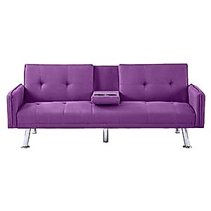 Lamerge Futon Sofa Bed,Convertible Upholstered Folding Sofa,Multi-Functional Sofa Couch for Compact Small Space,Apartment,Dorm,2 Cup Holders,72.4",Purple