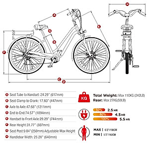 SDU Young Electric Hybrid Cruiser Bike, Up to 90 Miles Long Rang, True Comfort 350W Pedal Assist Beach City Commuter 27.5" E-Bike for Adults