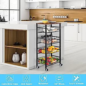 Kitchen Storage Rolling Cart, Kitchen Cart with Lockable Wheels, 5 Tier Metal Wire Basket Shelf Rolling Storage Cart with Wooden Handle, Wood Cover Top Kitchen Island Cart for Home, Office