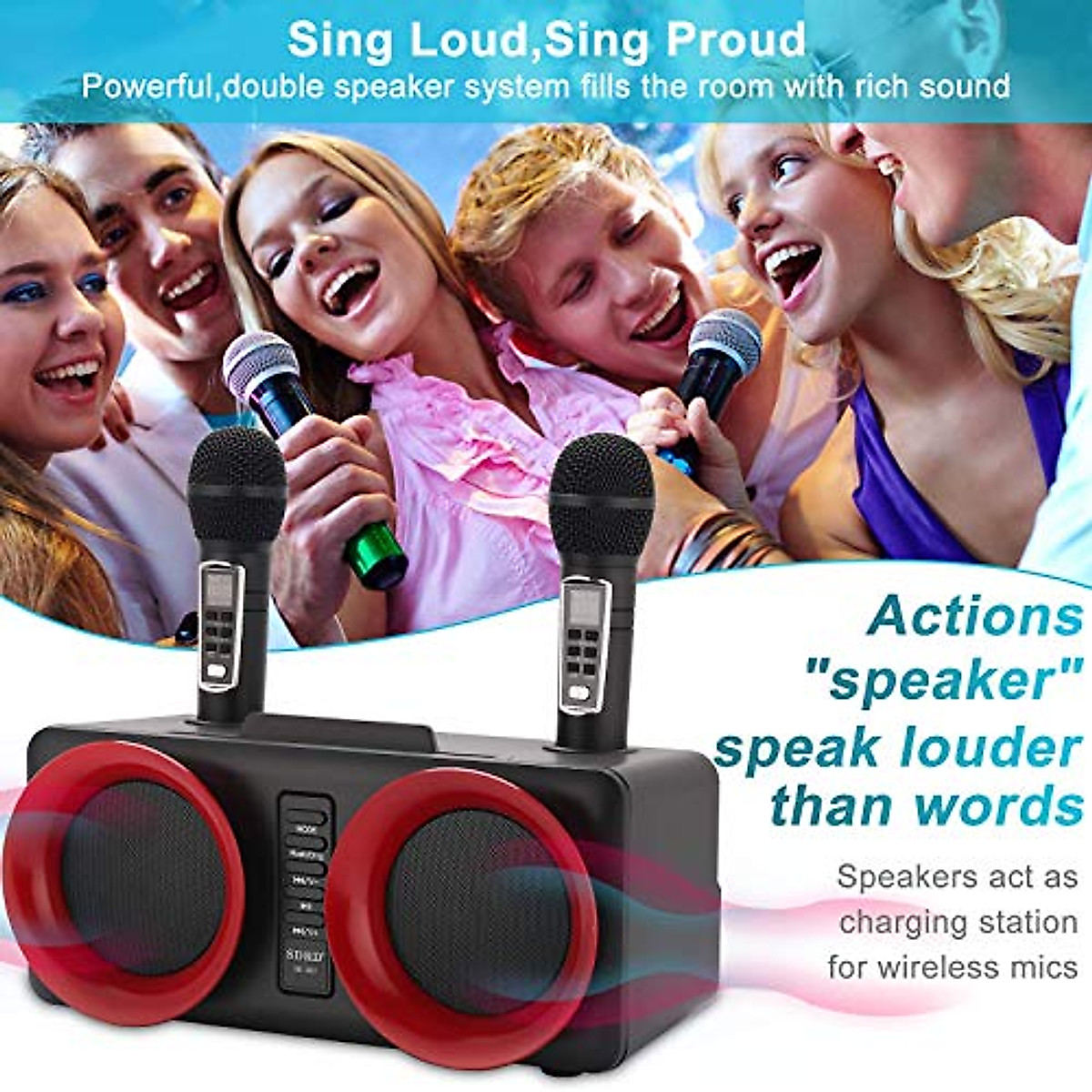 ALPOWL Karaoke Machine for Kids Adults with 2 UHF Wireless Microphone, Portable Bluetooth Speaker PA System with LED Lights for Home Party, Wedding, Church, Picnic, Outdoor/Indoor (Black I)