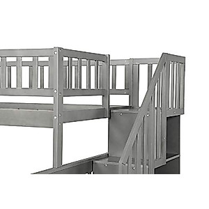 Merax Twin-Over-Full Stairway Bunk Bed with Shelves and Ladder (Grey, Twin Over Full with Trundle)