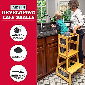 Play Platoon Toddler Kitchen Stool - Light Wood Wooden Step Stool Tower for Kids Counter Learning, Standing Tower for Kitchen Counter, 3 Heights Adjustable Solid Wood, Safe Non-Slip Mat
