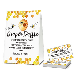 ONDTOM Bee Baby Shower Party Game Diaper Raffle Standing Sign With 50 Cards, Mommy To Bee Themed Card Honeycomb Bumble Bee Baby Shower Decor, Baby Gender Reveal Party Game(5"x7") - diaper-C01