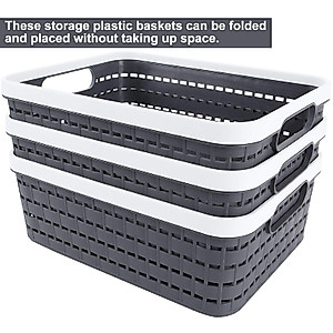 CertBuy 3 Pack Plastic Storage Baskets 11.3 x 8.7 x 4.3 Inch, Small Weave Storage Bins with Handle for Cabinet, Shelf, Kitchen, Bedroom, Bathroom and office – Dark Grey