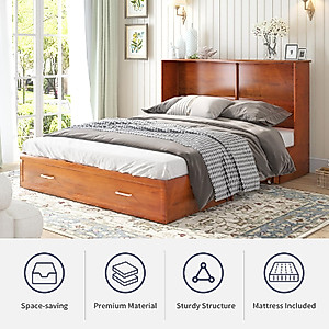 ijuicy Cabinet Murphy Beds with Built-in Charging Station, Solid Wood Cabinet Chest Bed with Folding Mattress, Murphy Cube Chest Bed with Large Drawer for Guest Room, Office-Queen, Cherry